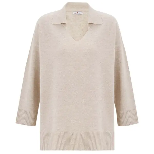 PERALUNA Knit Polo V-neck Pullover - Beige