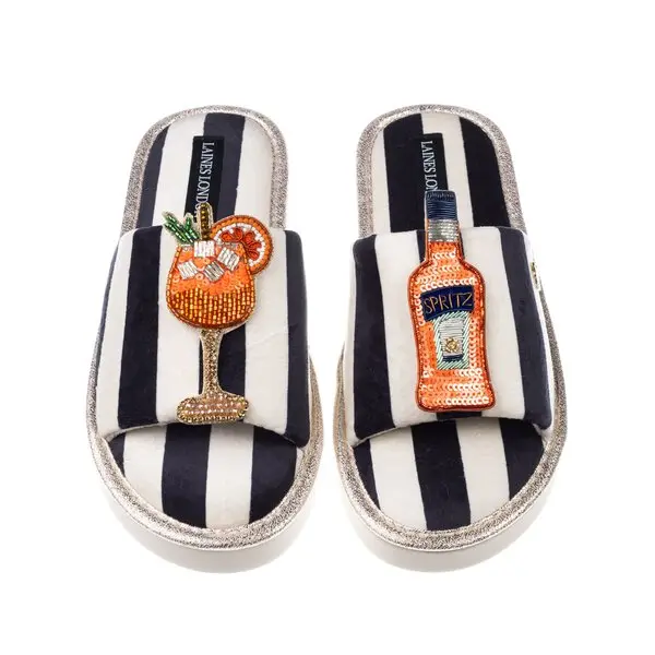 LAINES LONDON Flatform Stripe Open Toe Slippers With Summer Spritz Brooches - Black/white