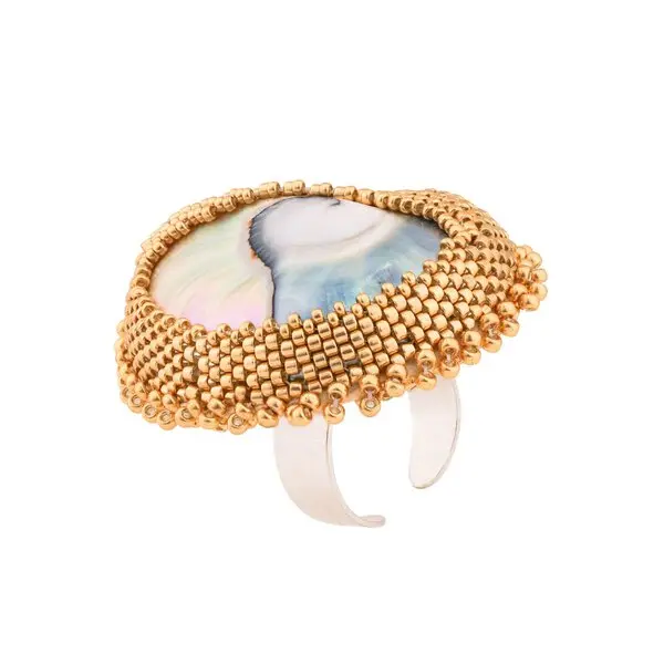 OANASAVU.CREATIONS Hand-beaded Nautilus Shell Ring - Gold/blue/silver