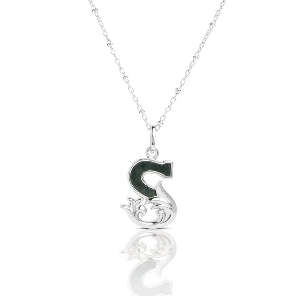 KASUN LONDON Initial 's' Necklace With Green Marble - Silver