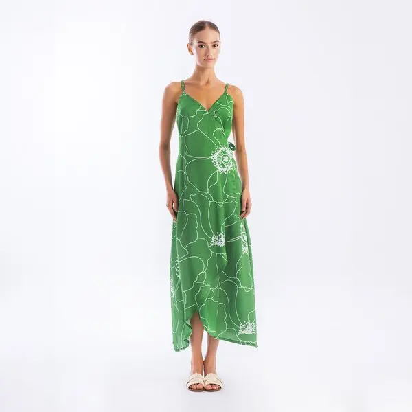 Haris Cotton Printed Satin Wrap Maxi Dress