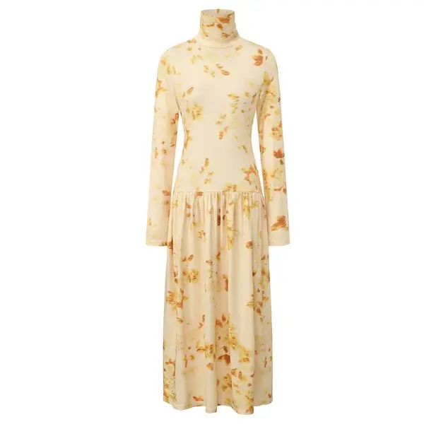 FRONT ROW SHOP Rosetta Stretch Jersey Floral Print Turtleneck Dress