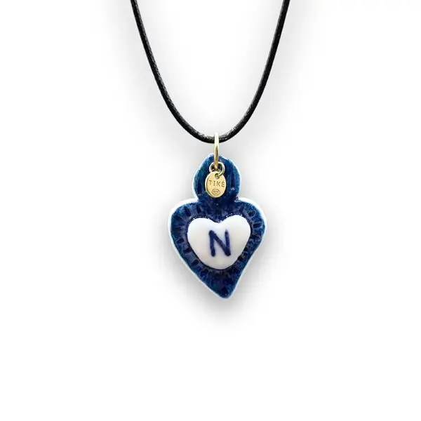 Tiké Jewels Blue Sacred Heart Initial Letter N Porcelain Choker Necklace - Gold