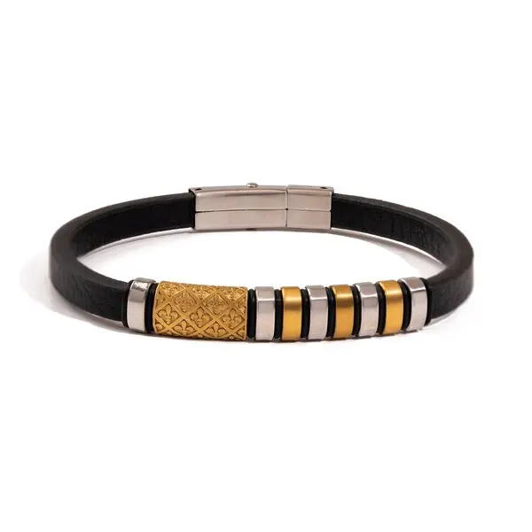 EBRU JEWELRY Fleur-de-lis Dual Tone Leather Bracelet - Black/silver/gold