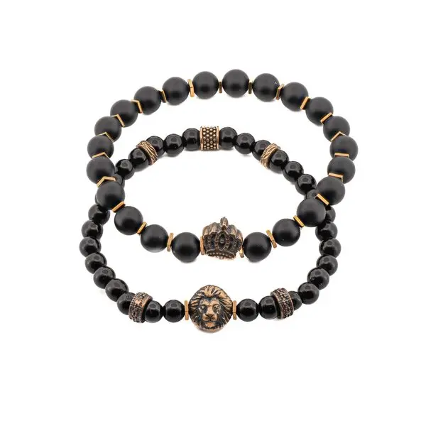 EBRU JEWELRY Bracelet Set Black Onyx Stone Lion And King Charms - Gold/black