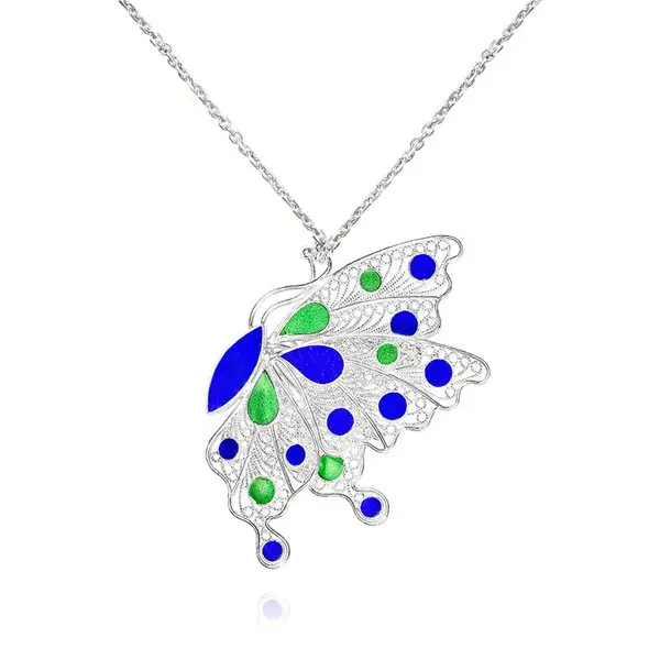 FAR EAST JEWELRY Handcrafted Silver & Enamel Butterfly Necklace - Blue/silver