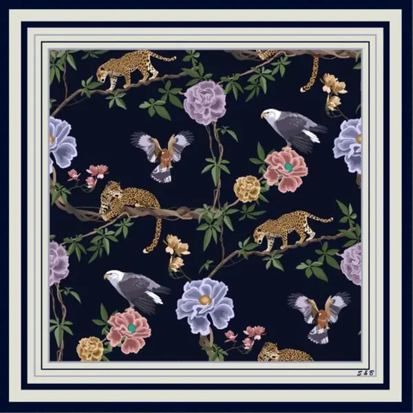 SILK AND BEARS Midnight Safari Wool Silk Scarf – Hand-rolled Animal Botanical Wrap - Blue/purple