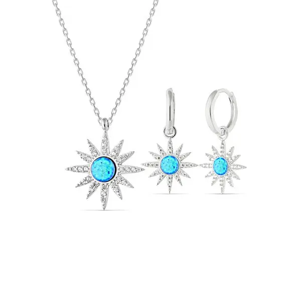 SPERO LONDON Blue Opal Sunburst Necklace & Earring Set - Silver
