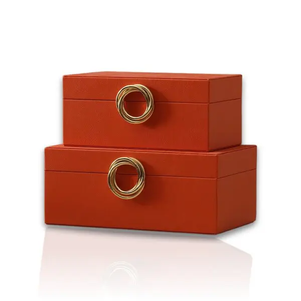 MARLETH Set Of Two Leather Storage Boxes - Orange/gold