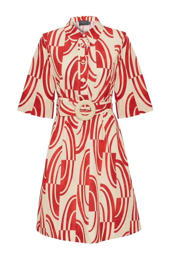 EXQUISE Abstract Print Belted Shirt Dress