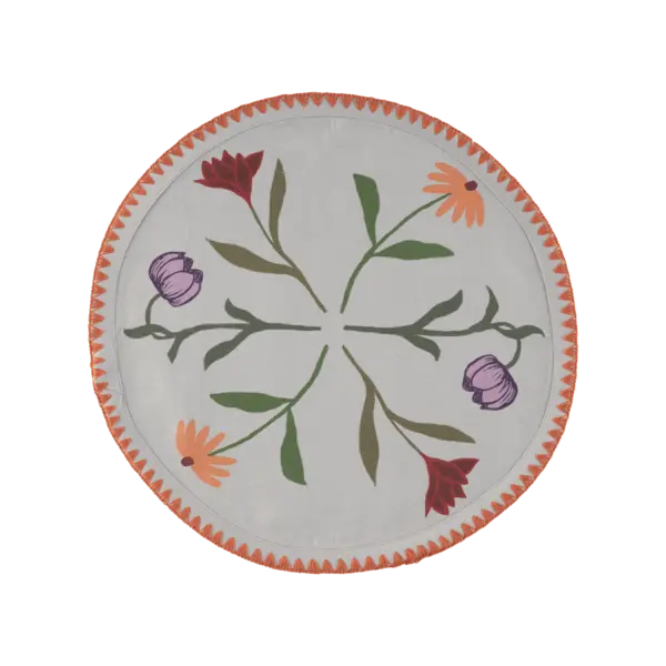 SOPHIE WILLIAMSON DESIGN Set Of Six Round Placemats In Oversize Bold Flower Print On Light With Orange Embroidery - Grey