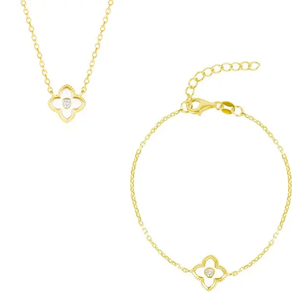 SPERO LONDON Sterling Silver Four Leaf Clover Necklace And Bracelet Set - Gold/white