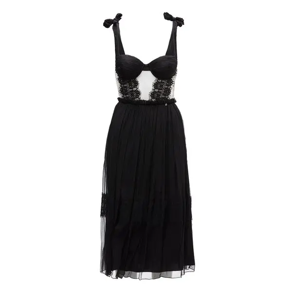 NISSA Lace Insert Silk Midi Dress - Black