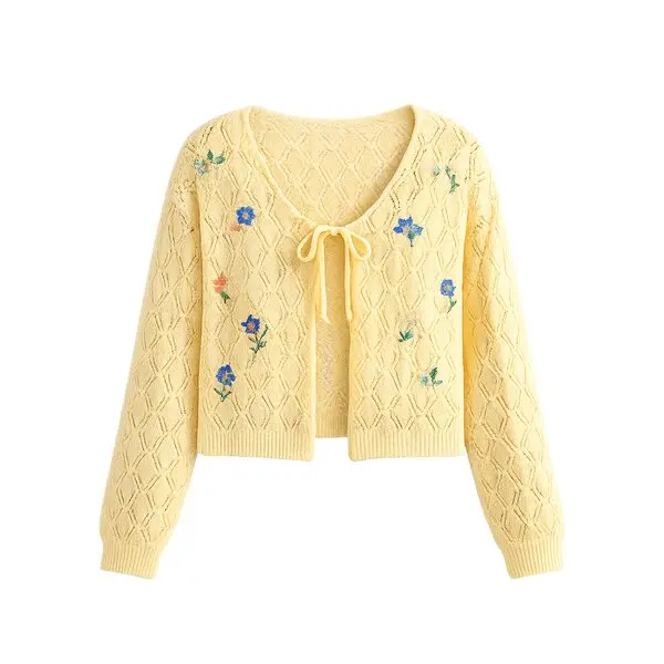 YUMI Butter Embroidered Pointelle Cardigan - Yellow