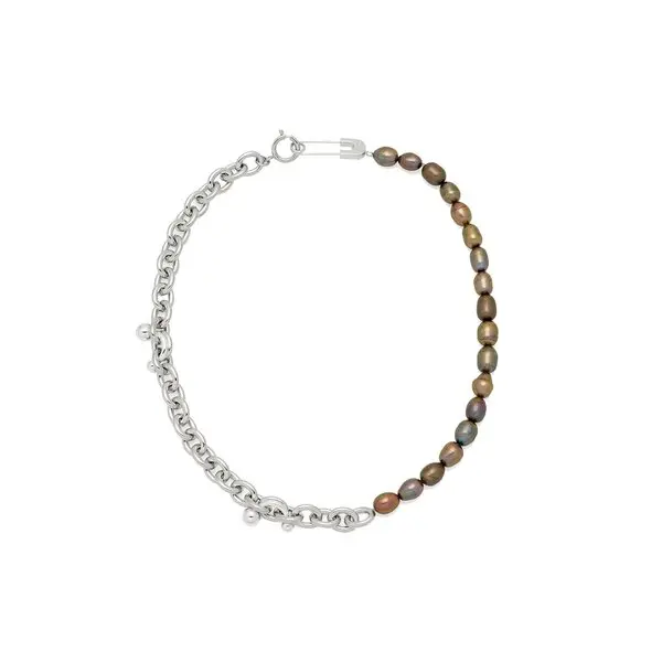 POTOSKA Link Necklace With Grey Vegan Pearls - Silver