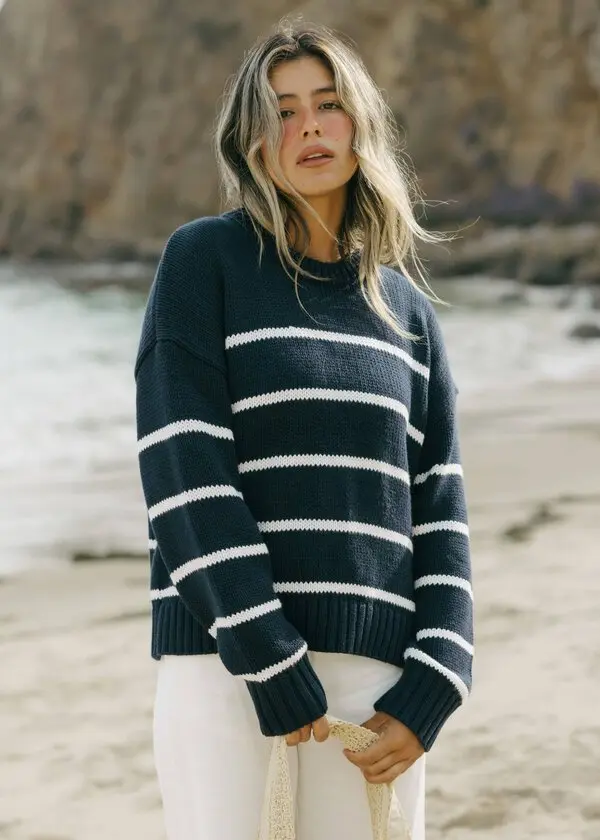 ELLSWORTH + IVEY Elena Striped Crewneck Sweater - Blue