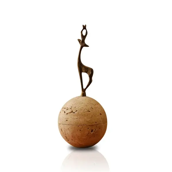 MARLETH Neutrals Gazelle Finial Sphere Box – Travertine & Bronze Sculptural Storage - Brown