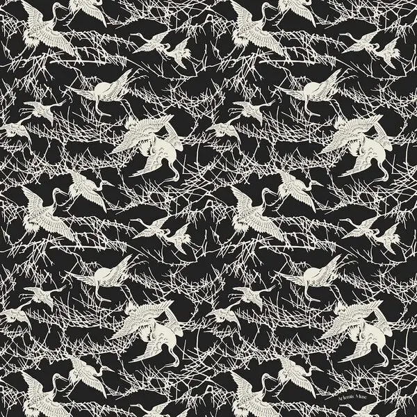 ARTEMIS MUSE Neutrals Vintage Japanese Cranes Ivory & Cotton Scarf - Black