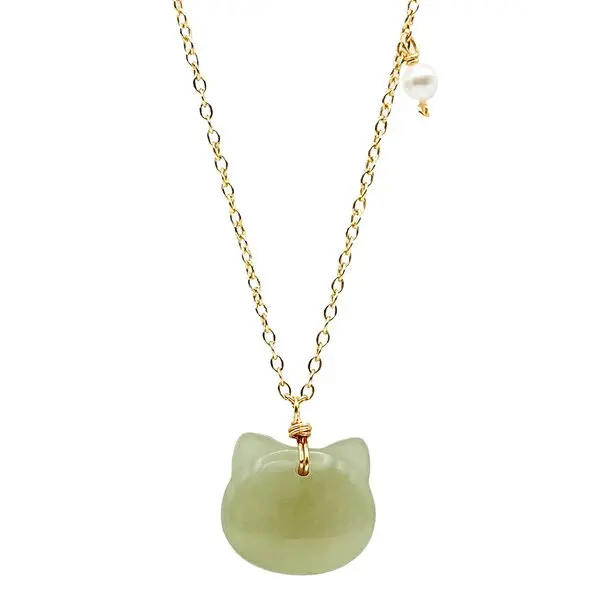 SEREE Choupette Cat Jade Pendant Necklace - Green
