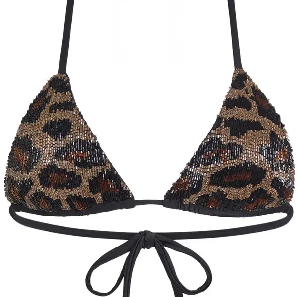 SELF-ADORE Hand-beaded Leopard Triangle Bikini Top - Black/brown