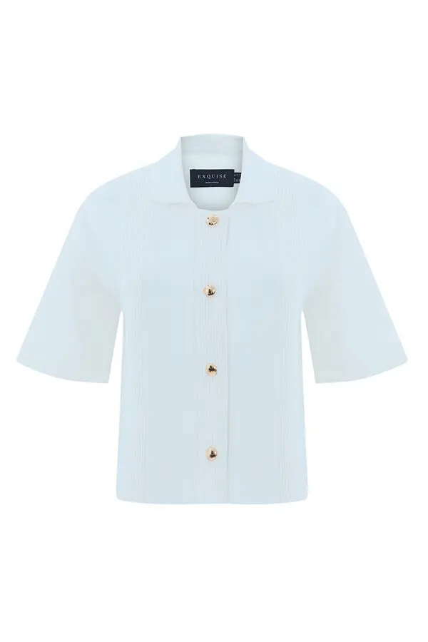 EXQUISE Short Sleeve Knit Trim Poplin Shirt - White