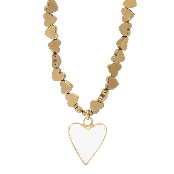 EBRU JEWELRY Heart Pendant Hematite Necklace - Gold/white