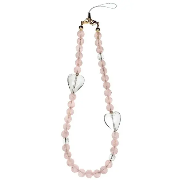 FARRA Rose Quartz With White Quartz Hearts Gemstone Phone Strap - Pink