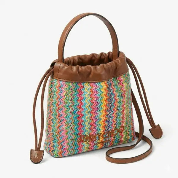 JIMMY CHOO Chevron Raffia Drawstring Pouch With Leather Trim