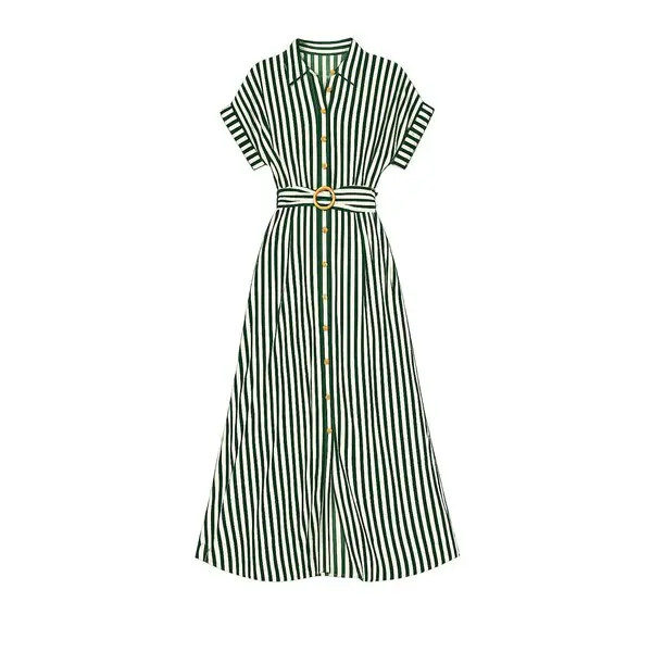 YUMI Stripe Print Relaxed Midi Shirt Dress With Belt - Green