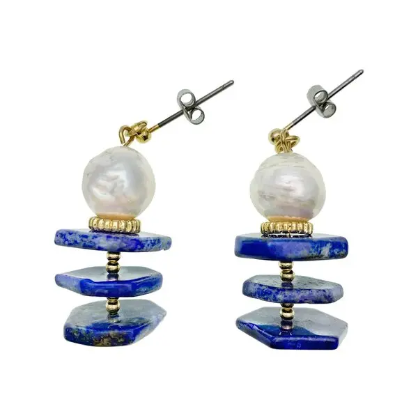 FARRA Flat Lapis Lazuli Stone And Freshwater Pearl Pin Earrings - Blue