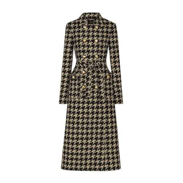 ELIZABETH DIAMANT Houndstooth Double-breasted Trench Coat
