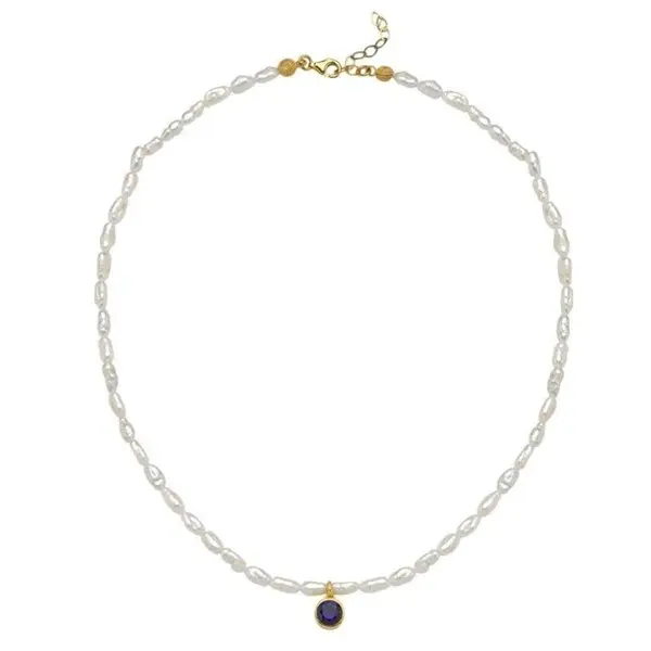 LINYA JEWELLERY Cosmic Small Pearl Zodiac Necklace With Birthstone - Blue