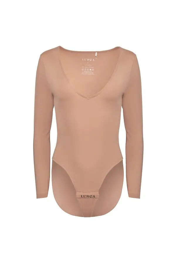 LUSCA Natalie Smooth Stretch V-neck Bodysuit - Brown