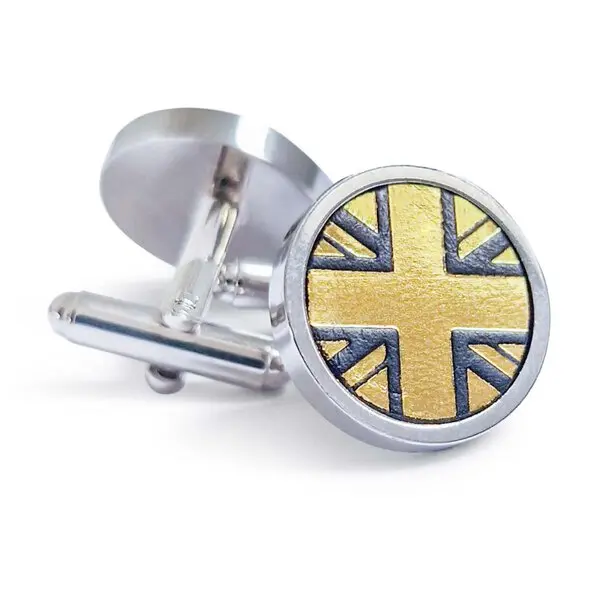 N'DAMUS LONDON Gold / Black / Silver Coronation Regent Black Gold Leather & Rhodium Cufflinks - Gold/black/silver