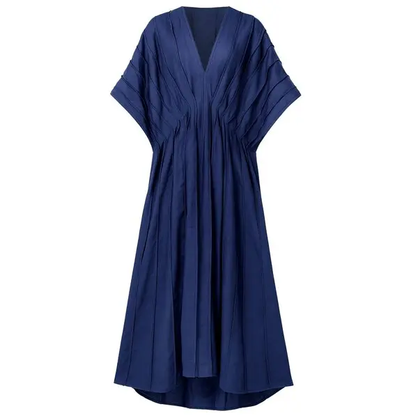 KARGEDE Navy Linen Kaftan Dress With Pleated Detailing