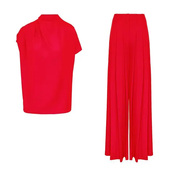 BLUZAT Draped Top And Pleated Pants Set