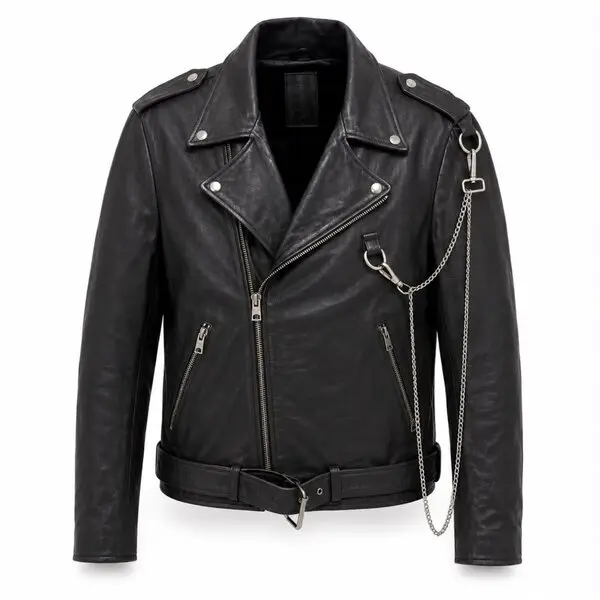 ZASTASTUDIO Leather Biker Jacket With Metal Chain Detail - Black