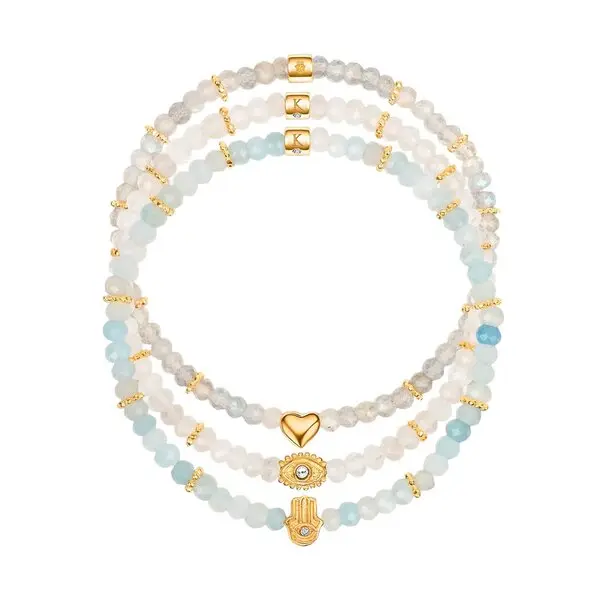 KARMA AND LUCK Labradorite Moonstone Aquamarine Stack Bracelets - Blue/white/gold