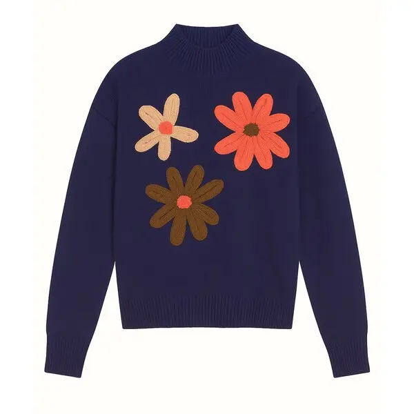 YUMI Navy Knitted High Neck Jumper With Applique Flowers - Blue