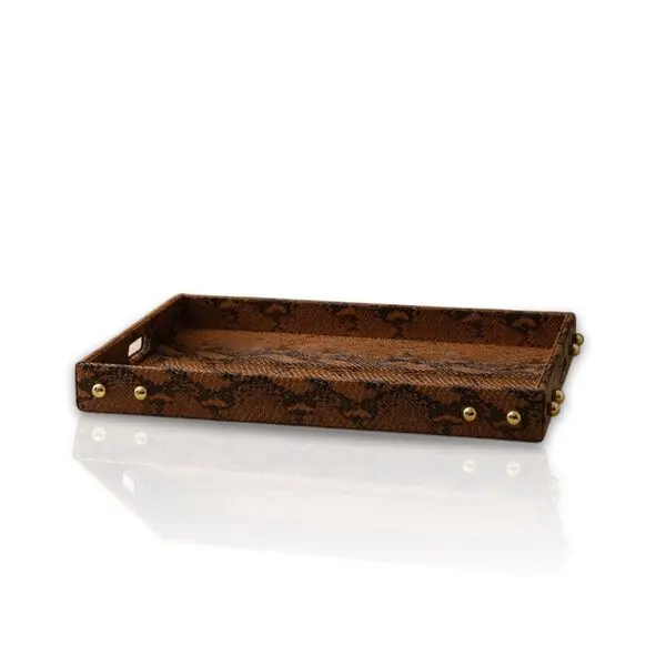 MARLETH Black / Brown Leather Rectangular Tray With Brass Stud Detail - Black/brown