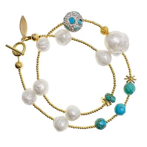 FARRA Baroque Pearl And Turquoise Double Layered Bracelet - Blue/white