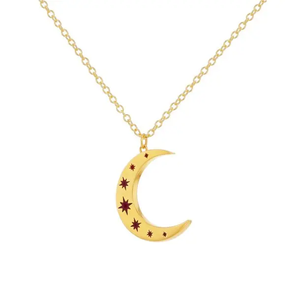 TRUE ROCKS Gold Plated Crescent Moon Pendant With Scarlet Stars - Gold/red