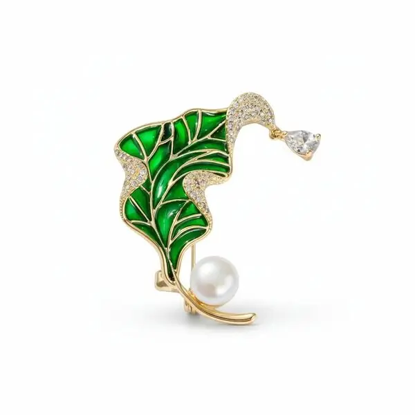 ANGEL BAROCCO Enamel Leaf Brooch With Pearl And Zircon Accents - Green