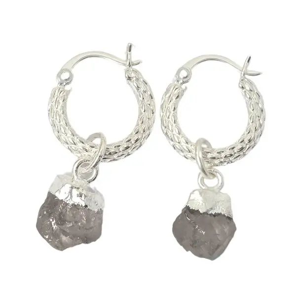 HARFI Herkimer Diamond Huggie Hoop Earrings - Grey/silver