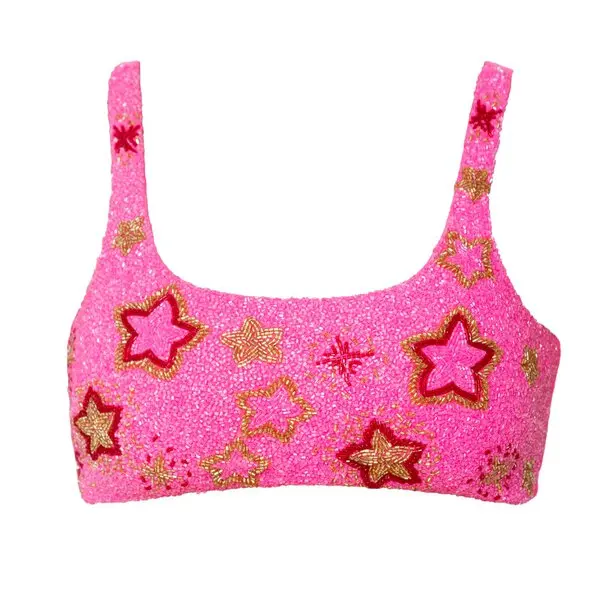 SELF-ADORE Celeste Hand-beaded Embellished Bikini Top - Pink/red