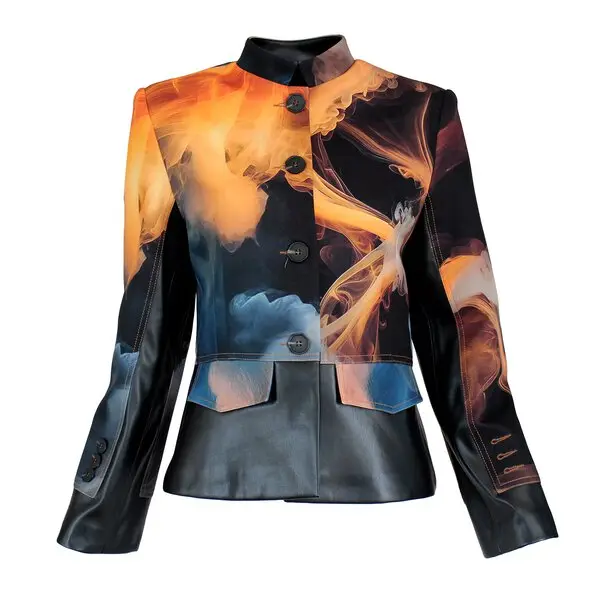 LALIPOP DESIGN Cropped Jacket With Vegan Leather Trim And Digital Flame Print - Black