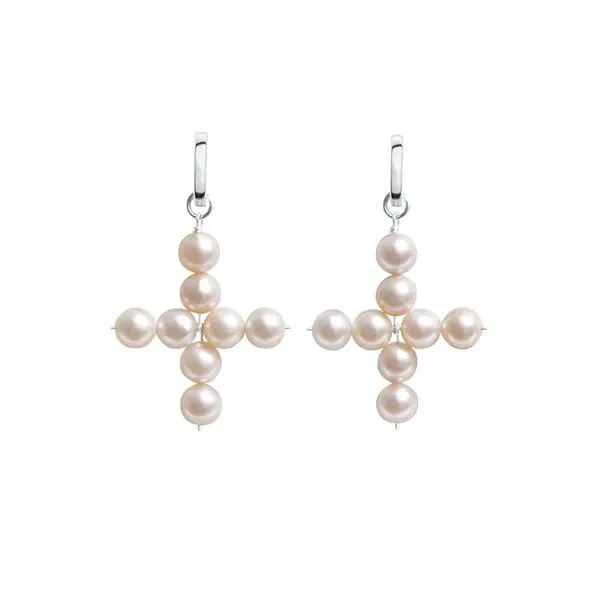 ORA PEARLS Aelia Cross Pearl Hoop Earrings - Silver