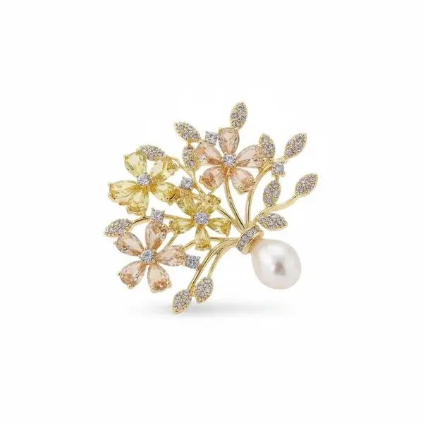 ANGEL BAROCCO Floral Zircon And Pearl Brooch - Gold