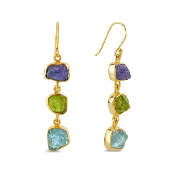 GEM BAZAAR JEWELLERY Triple-stone Drop Earrings - Gold/green/blue