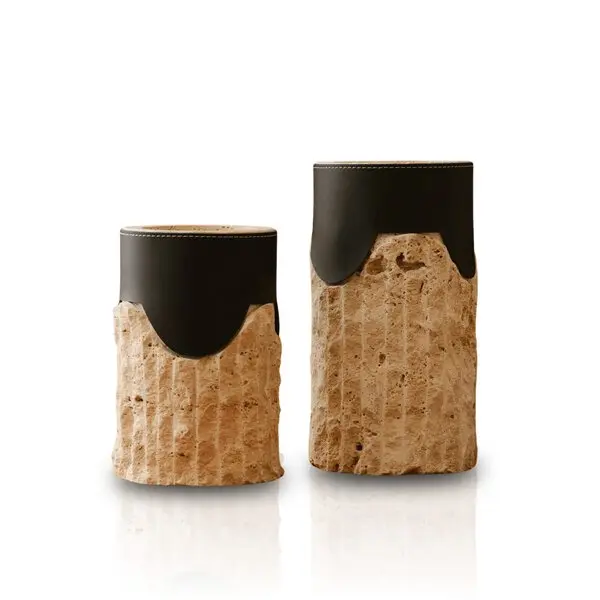 MARLETH Neutrals / Set Of Two Handmade Travertine Vases, Beige Stone & Leather Wrap - Black